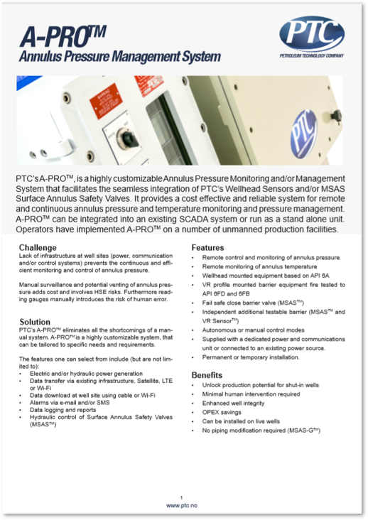 A-Pro Annulus Pressure Management System