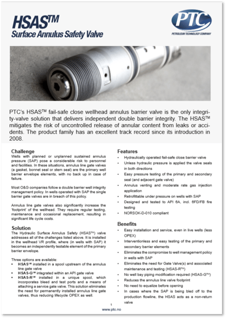 Surface Annulus Safety Valve (HSAS)